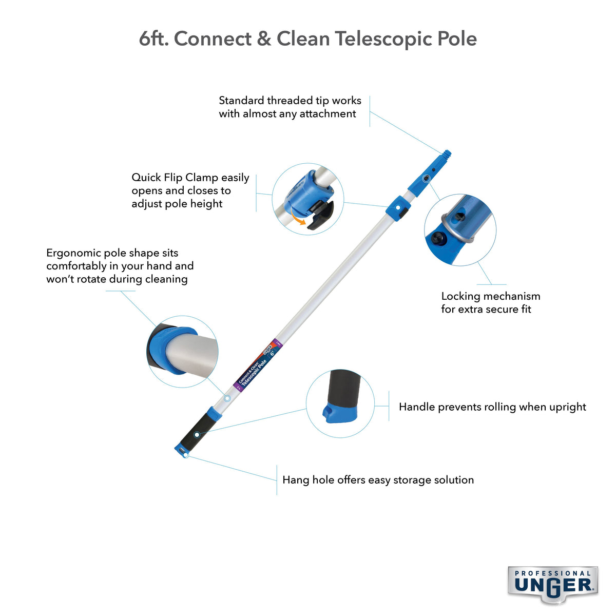 Unger Telescopic Pole w/ Connect & Clean Locking Cone and Quick-Flip ...